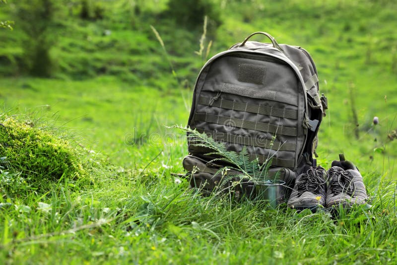 Backpack and Hiking Boots in Green Mountain Valley Stock Image - Image ...