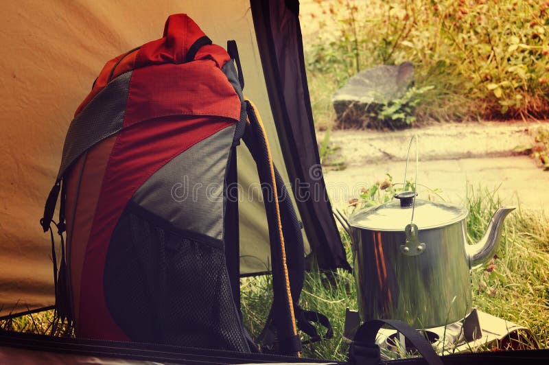 Backpack and kettle stock photo. Image of tent, teakettle - 54158046