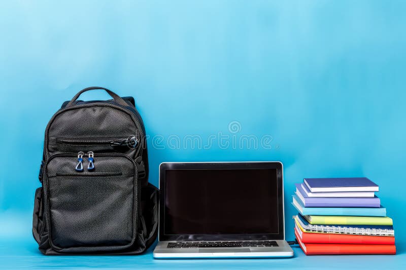 A Backpack with a Laptop and a Pen Sits on a Blue Wall. Stock Image ...