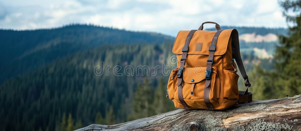 Backpack on Log in Forest, Surrounded by Mountains and Trees Stock ...