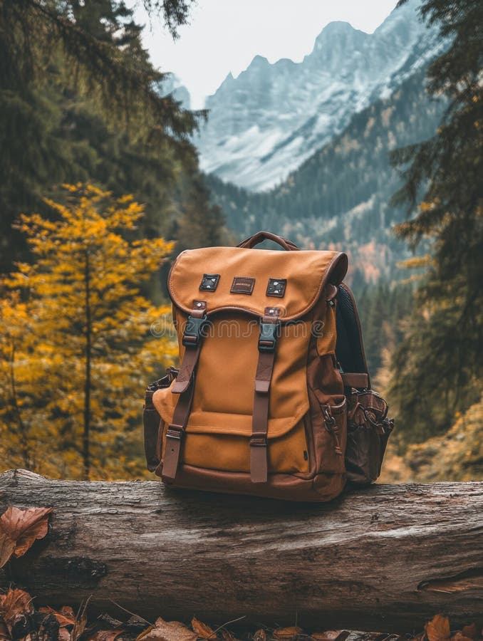 Backpack on Log stock photo. Image of nature, generated - 381892920