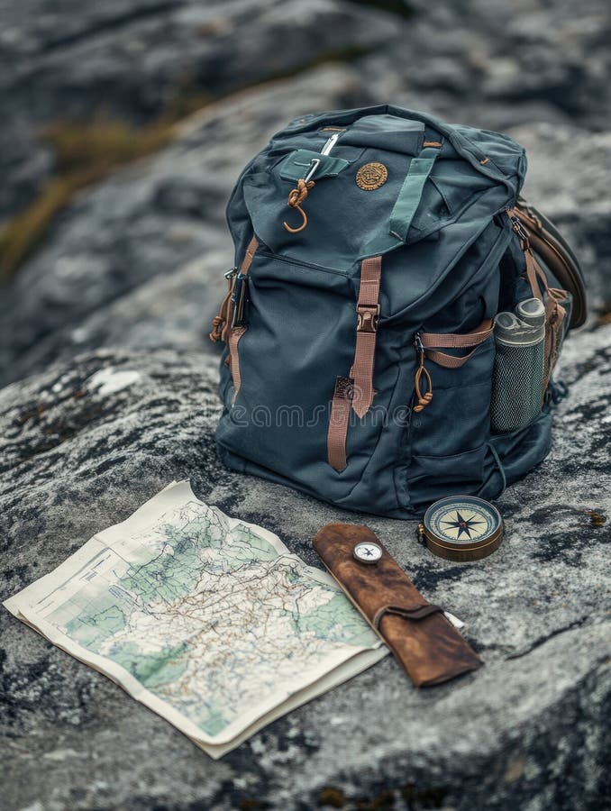 Backpack with Map and Compass Resting on Rocky Surface in Nature ...