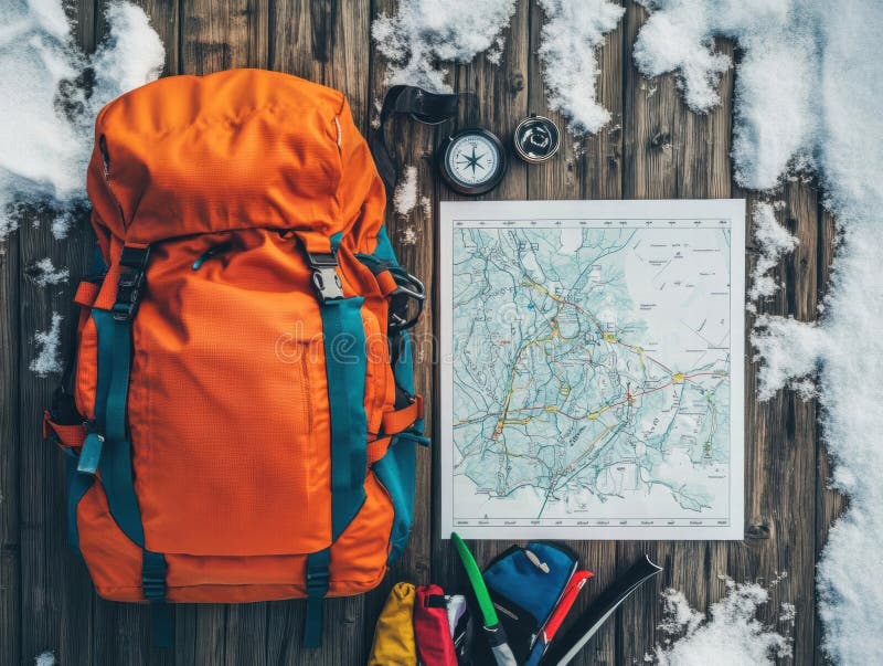 Backpack, Map, Compass, and Snow, Ready for an Adventure Stock ...
