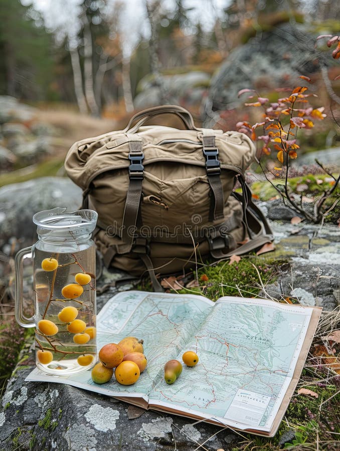Backpack, Map, and Fruit Resting on Rock during Hike in Forest Stock ...