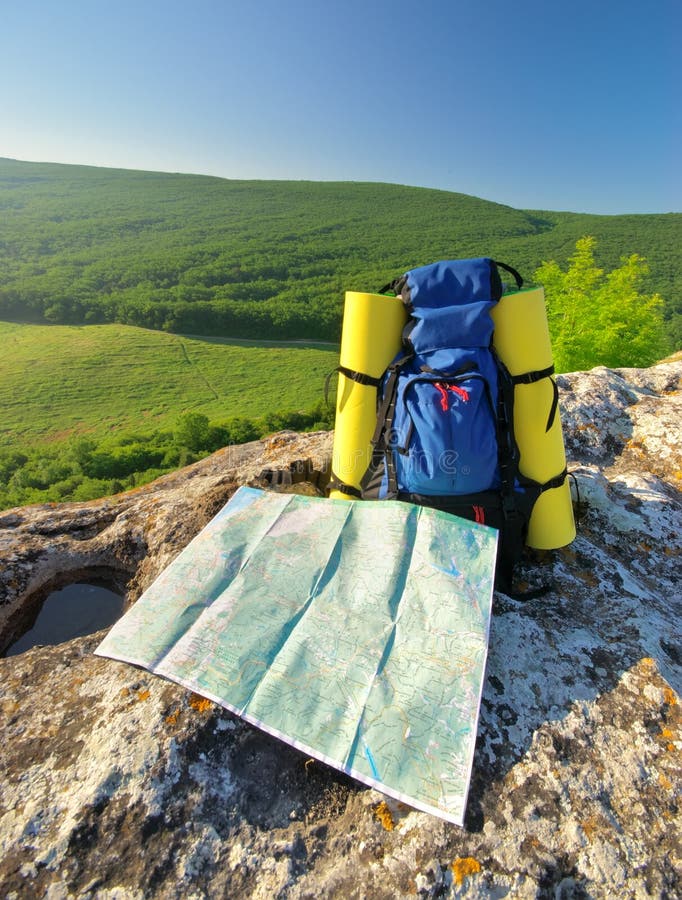 Backpack and Map in Mountain. Stock Image - Image of landscape, hiking ...