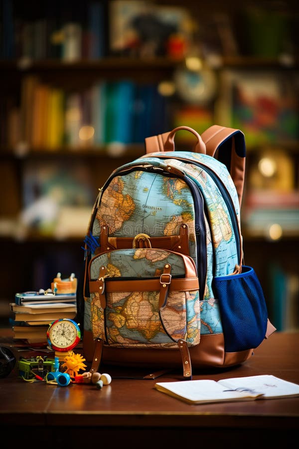 Backpack with Map on it Sitting on Table. Generative AI Stock Photo ...
