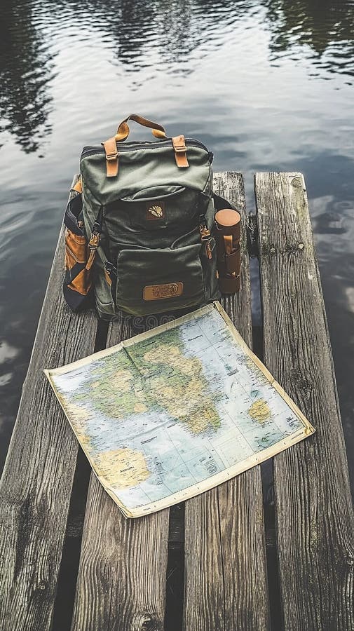 Backpack and Map on Wooden Dock. Stock Image - Image of trip, beautiful ...