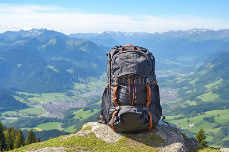 A Backpack on a Mountain Peak with a Panoramic View Stock Photo - Image ...