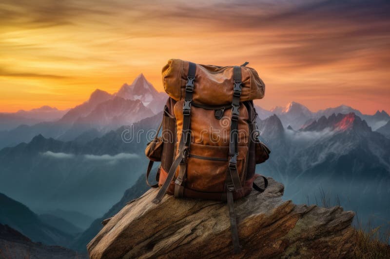 Backpack on a Mountain Peak with Sunrise Backdrop Stock Illustration ...