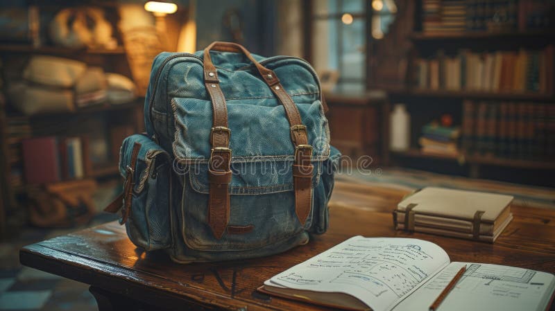 A Backpack and an Open Notebook are on the Table. Stock Photo - Image ...