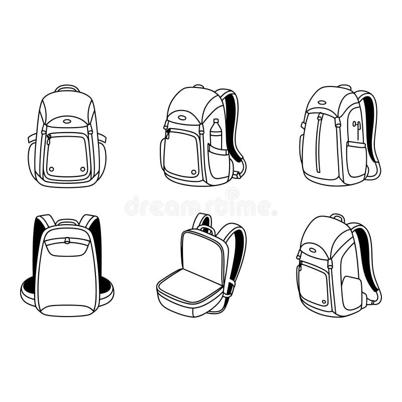 Backpack Outline Drawing from Different Angles on White Background ...