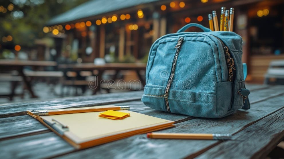 Backpack, Pencils, Notepad, Outdoor Cafe, Study Stock Illustration ...