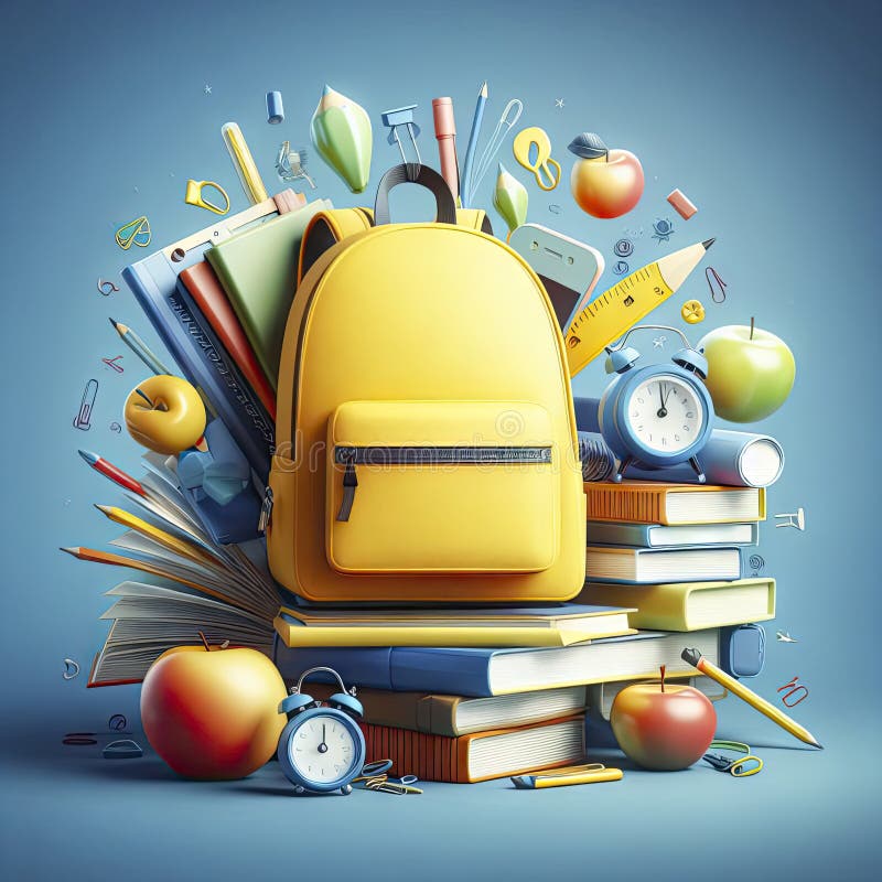 Backpack and Pile of School Supplies on Blue Background. Ai Generative ...
