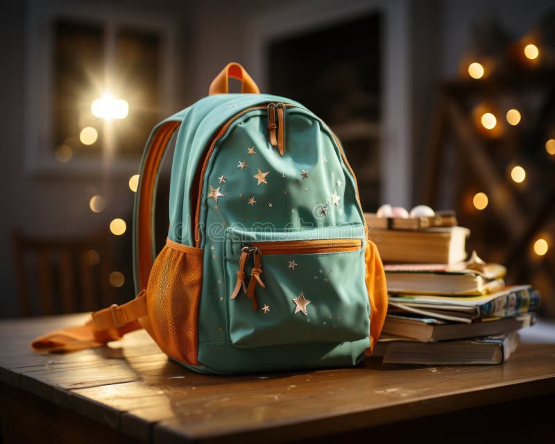 A Backpack Placed on a Wooden Table in a Classroom Illuminated by Stars ...