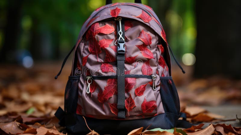 A Backpack with Red Leaves on it Laying on the Ground, AI Stock Image ...