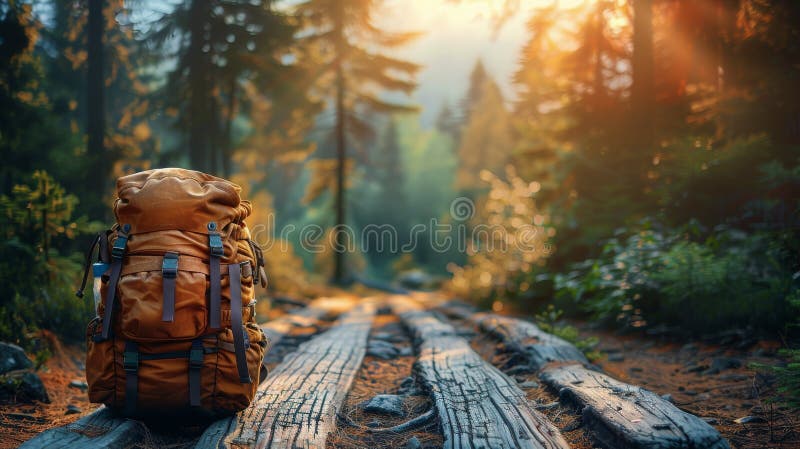 Backpack Resting on Log in Forest Stock Photo - Image of journey, gear ...