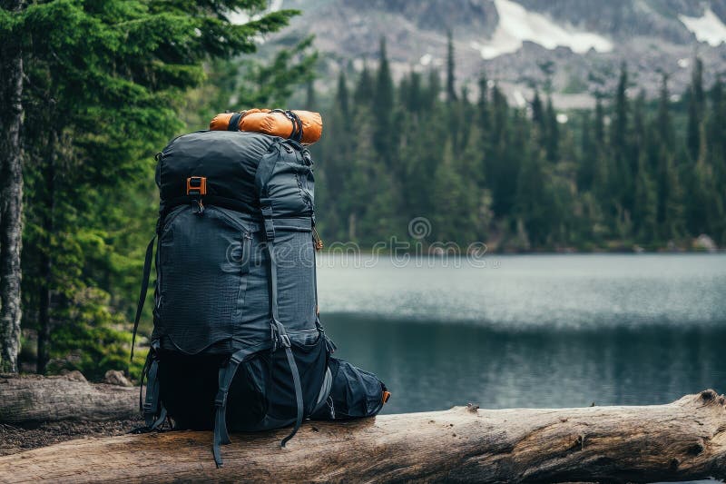 Backpack Resting on a Log Overlooking a Mountain Lake Stock ...
