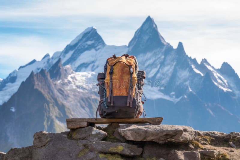 Backpack Resting on a Rock with Mountain Backdrop Stock Photo - Image ...
