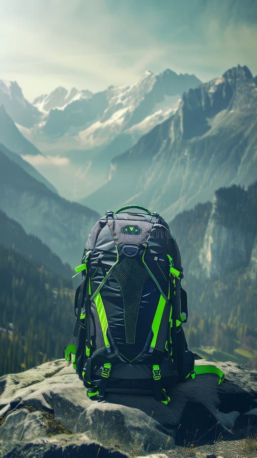 Backpack Resting on a Rock Overlooking Majestic Mountain Range Stock ...