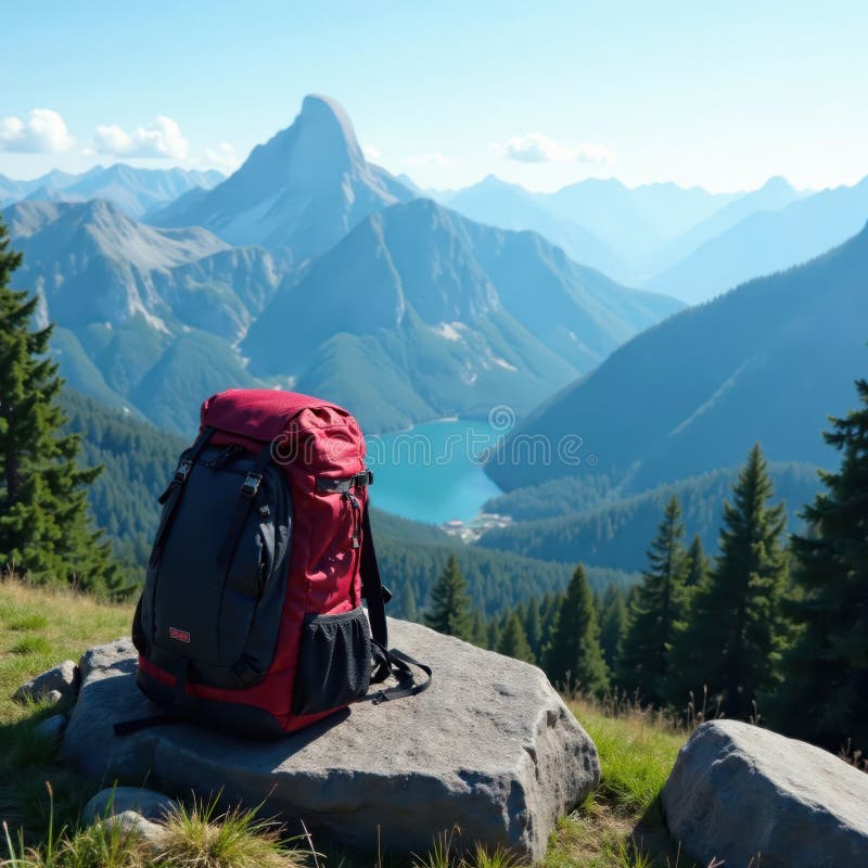 Backpack Resting on Rock Overlooking Mountain Vista, Travel, Clouds ...