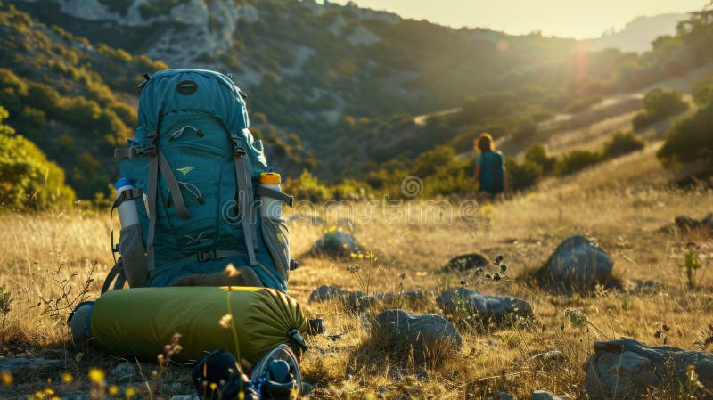 Backpack Resting on Scenic Trail. AI Generated Stock Photo - Image of ...