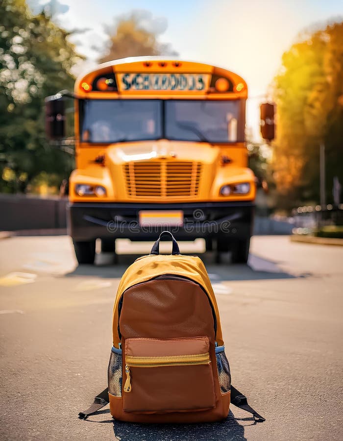 Backpack on Road with Yellow School Bus in Background Stock ...