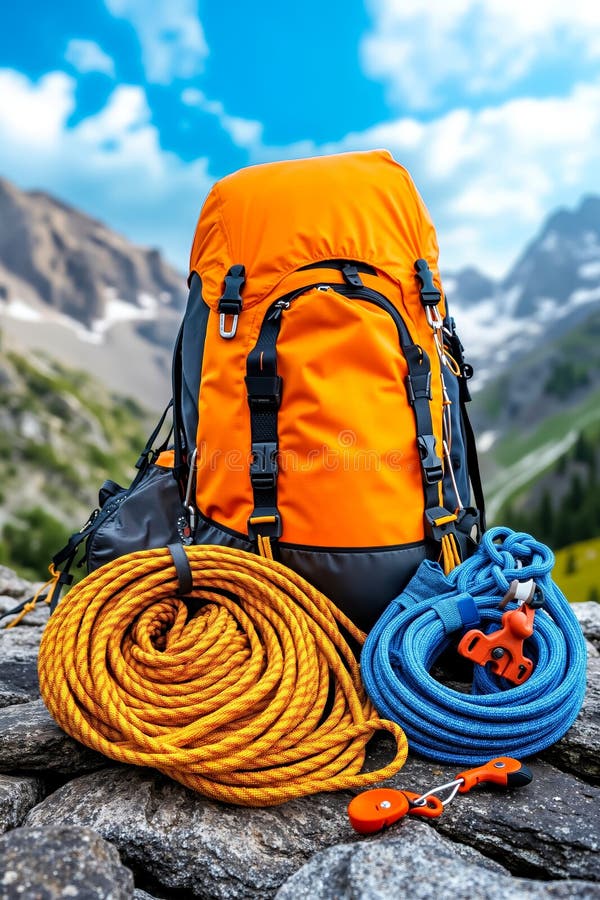 A Backpack with a Rope and Carabiner on Top of a Rock Stock Image ...