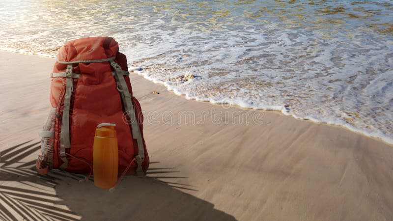 Backpack on the Sandy Beach Stock Image - Image of wave, summer: 279004629