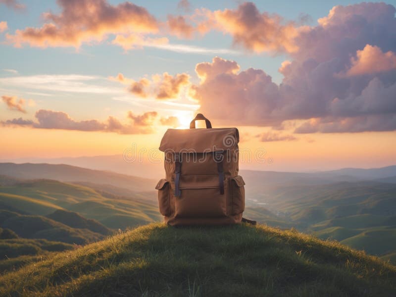 Backpack in a Scenic Sunset Landscape Overlooking Rolling Green Hills ...