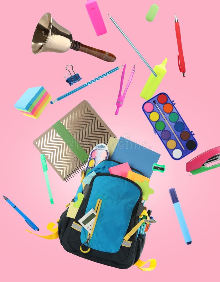 Backpack, School Bell and Different Stationery Flying on Pink ...