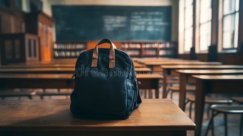 Backpack on a School Desk in an Empty Classroom with Vintage Feel Stock ...