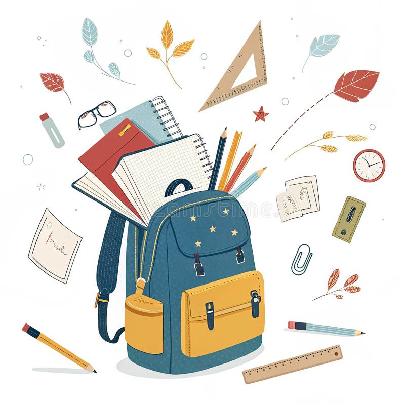 Backpack with School Supplies Flying Out Stock Illustration ...