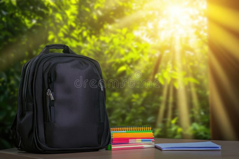 Backpack and School Supplies on Table Against Sunny Forest Backdrop ...