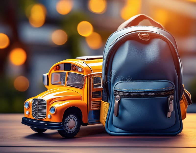 Backpack and Schoolbus on Table Outdoors Stock Photo - Image of child ...
