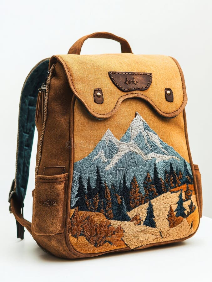 Creative Backpack Featuring an Embroidered Pine Landscape and Rocky ...