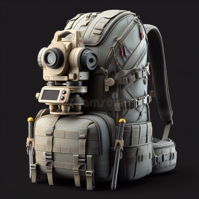 A Backpack is Shown with a Large Camera on Top. the Camera Has Two ...
