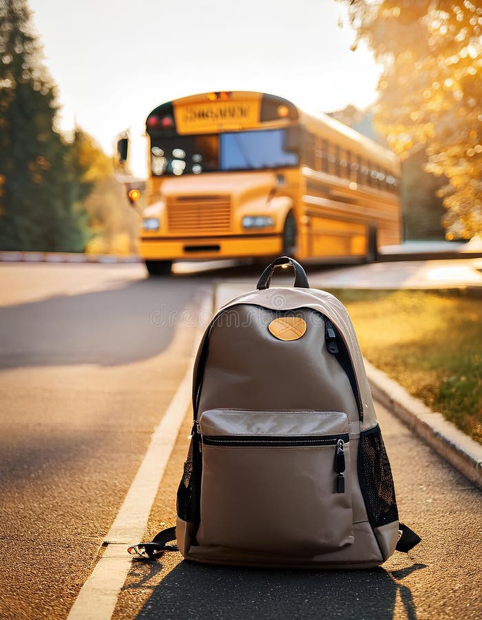 Backpack on Sidewalk with School Bus in Background during Sunrise Stock ...