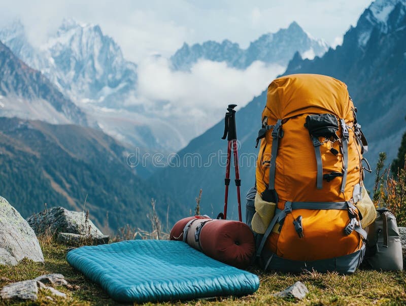 Backpack is Sitting on a Blue Mat in Front of a Mountain Stock Photo ...