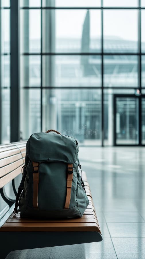 Backpack Sitting on Empty Bench in Airport Terminal Stock Image - Image ...