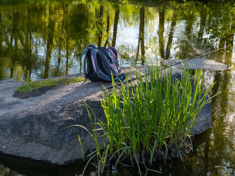 A Backpack Sitting on a Rock in the Middle of a Pond Stock Photo ...