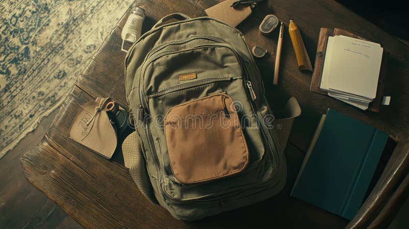 A Backpack Sitting on a Table with a Book and Pen Stock Illustration ...