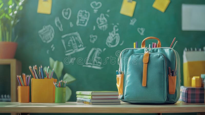 A Backpack Sitting on a Table with a Bunch of Pens Stock Illustration ...