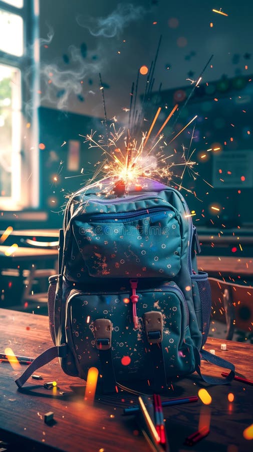 A Backpack Sitting on Top of a Wooden Table with Sparks Coming Out of ...