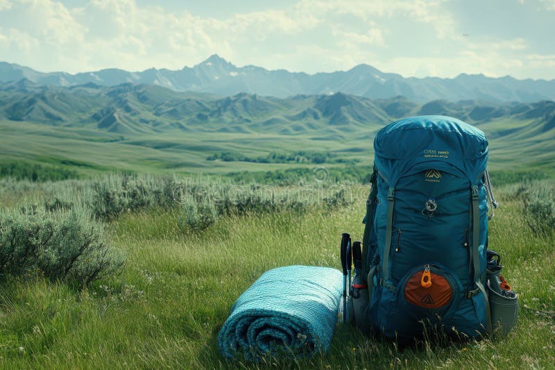 Backpack and Sleeping Bag in Mountain Landscape Scenic View Adventure ...