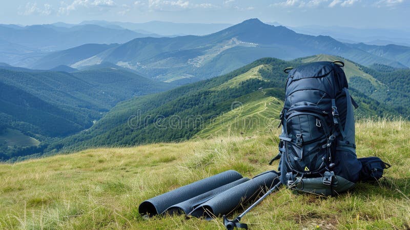 A Backpack and a Sleeping Pad Lie in the Green Grass on a Mountaintop ...