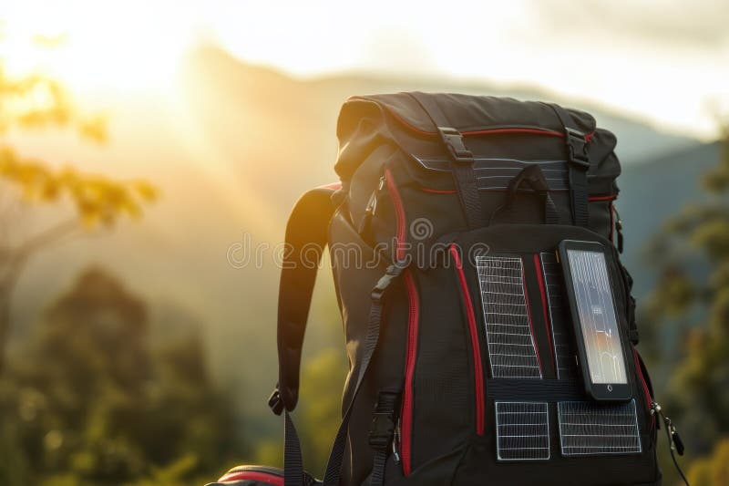 Backpack with Solar Panel Charging Device Against a Mountain Sunset ...