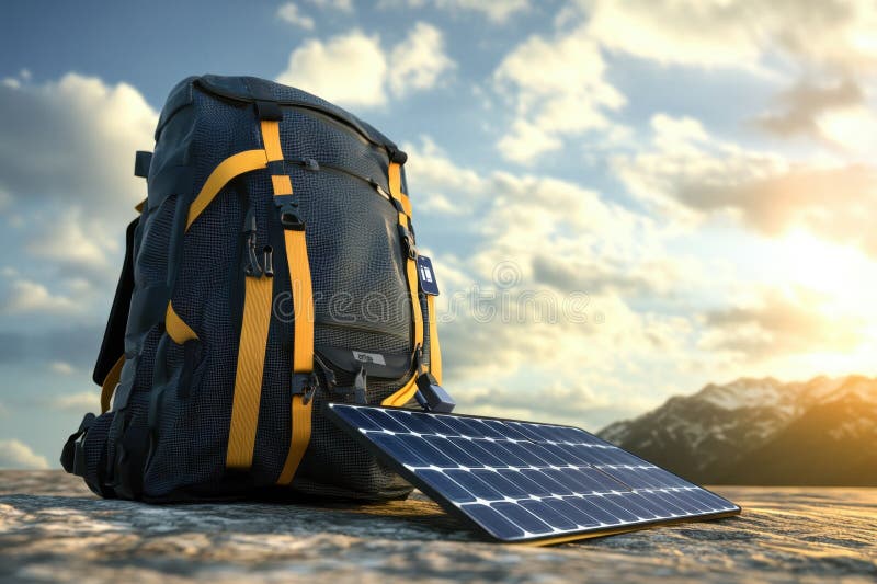 Backpack with Solar Panel Resting on Rocky Terrain at Sunset in a ...