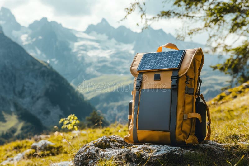 Backpack with Solar Panel Rests on Rocks in a Scenic Mountain Landscape ...