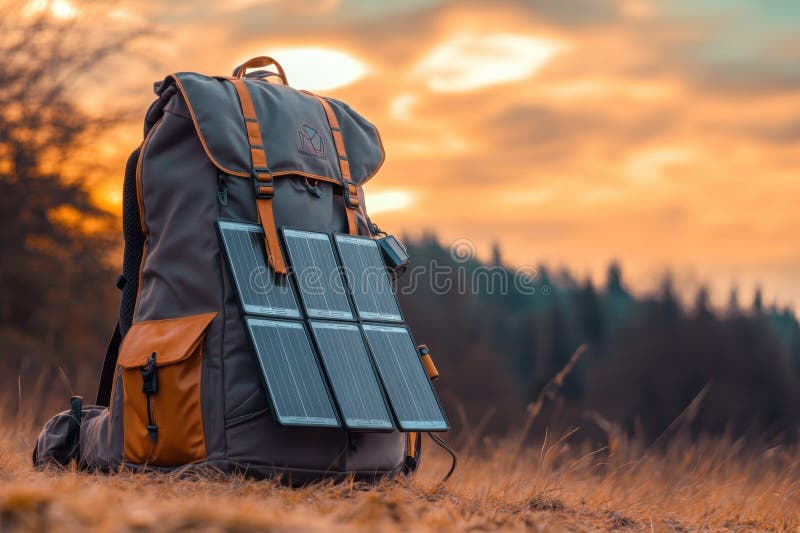 Backpack with Solar Panels at Sunset Near Forest Stock Photo - Image of ...