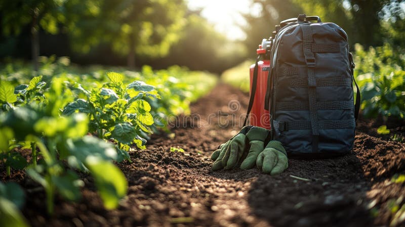 Backpack Sprayer Rests on a Farm Row Stock Illustration - Illustration ...